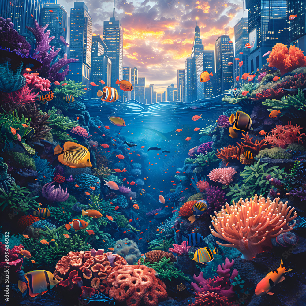 panoramic illustration of city buildings under the sea with nuances of ...