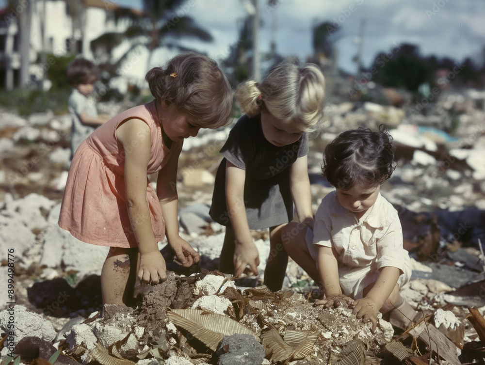 Children playing in a hurricane-damaged area, climbing over debris and ...