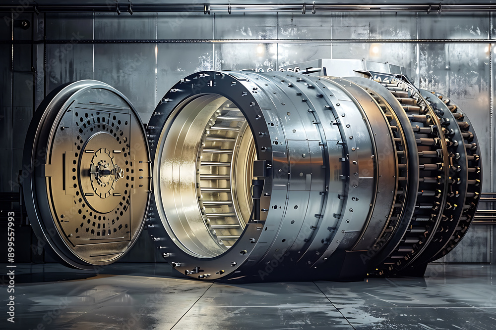 Massive bank vault doors wide open, symbolizing security, wealth, and ...