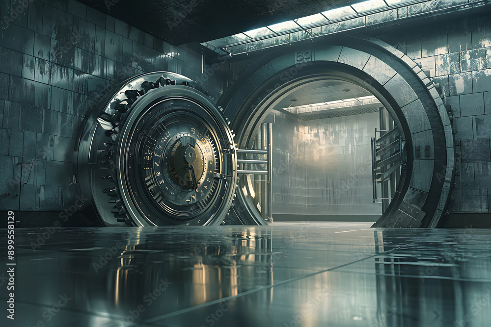 Massive bank vault doors wide open, symbolizing security, wealth, and ...