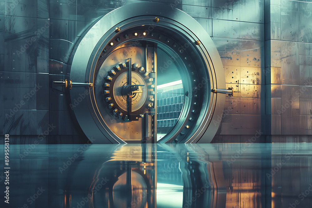 Massive bank vault doors wide open, symbolizing security, wealth, and ...