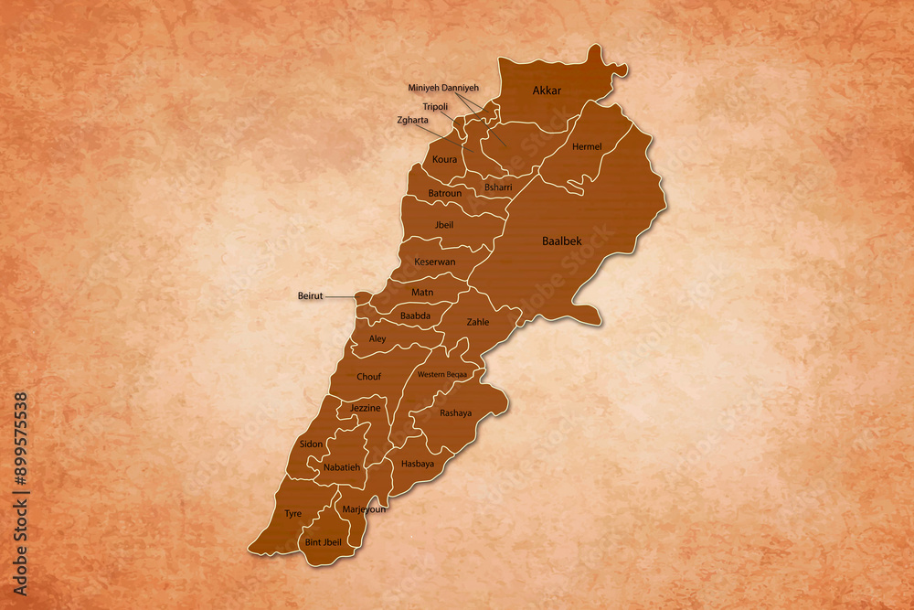 Lebanon Map. Lebanon Map with federal states in A vintage Color Texture ...