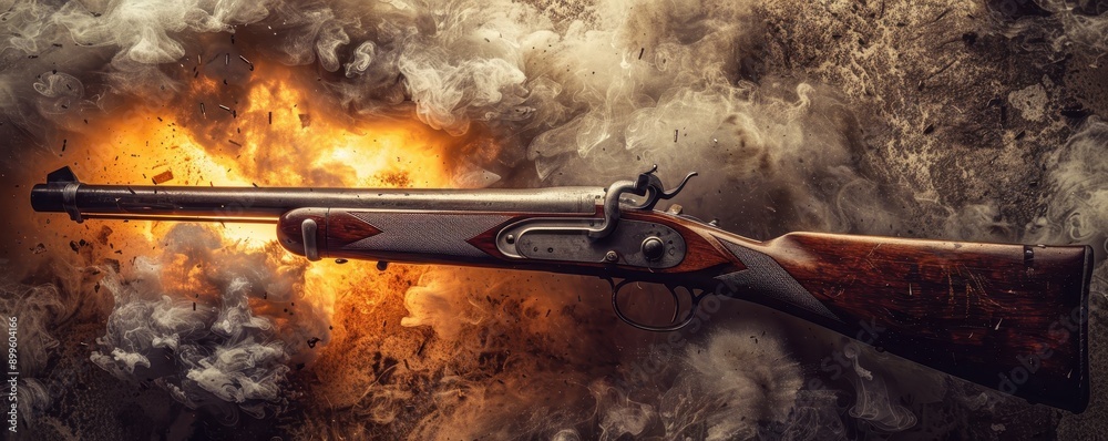 Vintage flintlock rifle discharging with a fiery background, showcasing ...