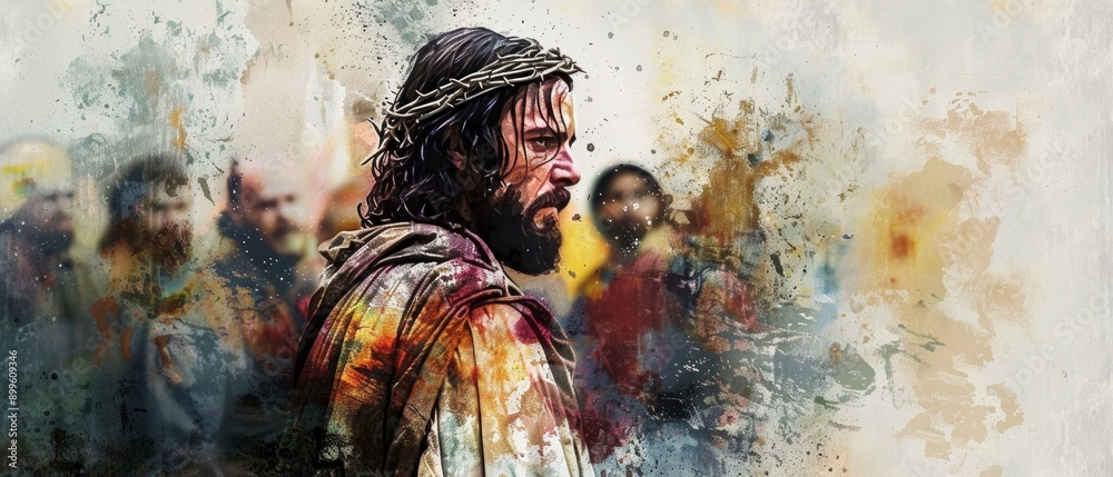 Digital painting of Jesus in a crown of thorns. He exudes resilience ...