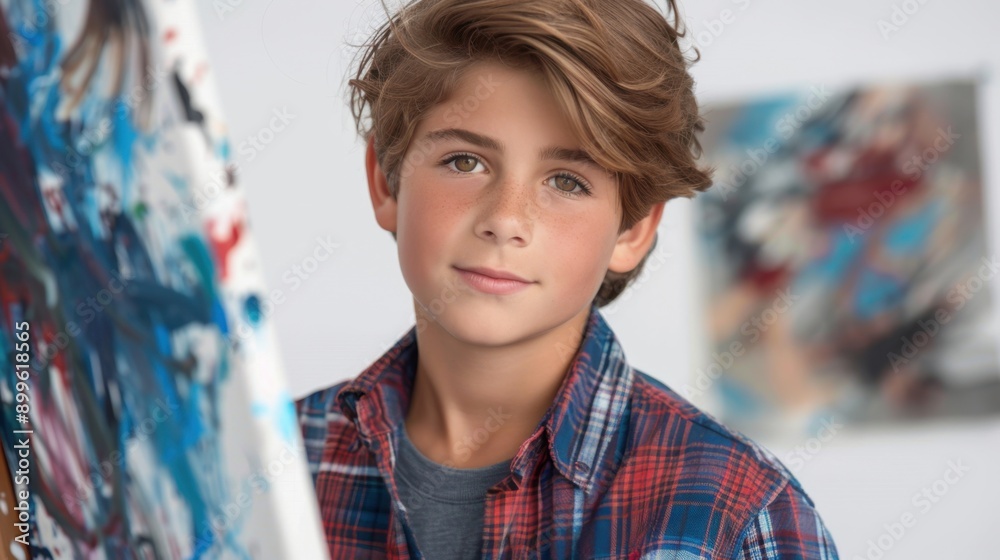 Young artist confidently posing with his artwork in a creative studio ...