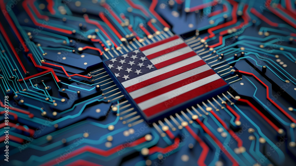 USA flag on a circuit board chip, American semiconductor, semiconductor ...