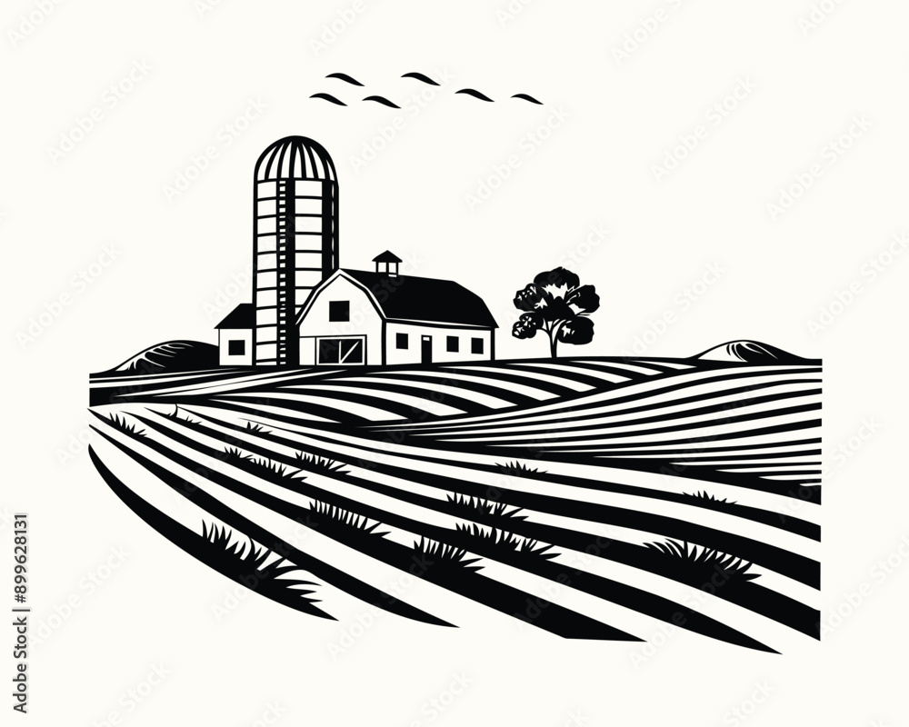 Hand drawn farm silhouette with Farm House vector and farm market and ...