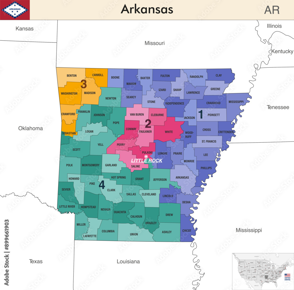 Arkansas state map with counties borders and colored congressional ...