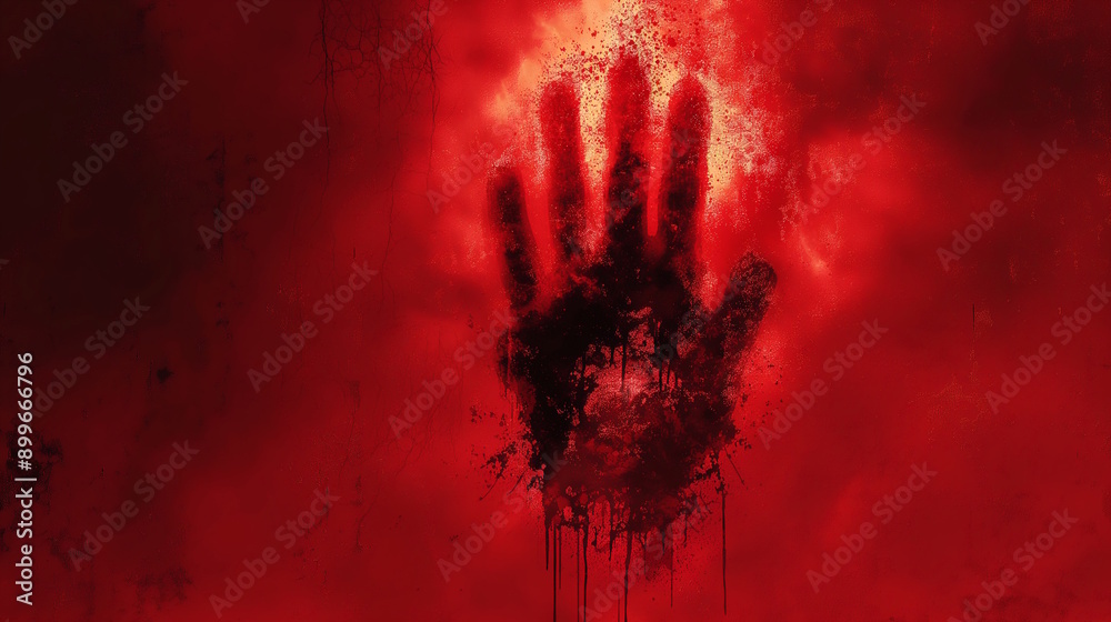 Bloody handprint on a dark red background with a smoky effect, concept ...