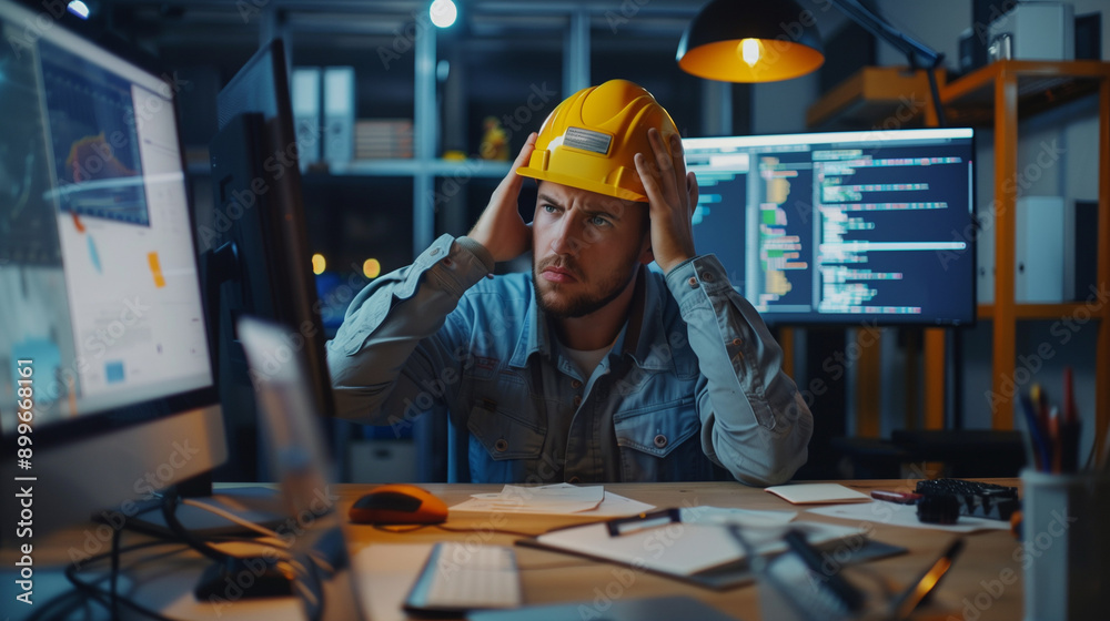 stressed-program-developer-working-on-code-in-office-with-safety-helmet ...
