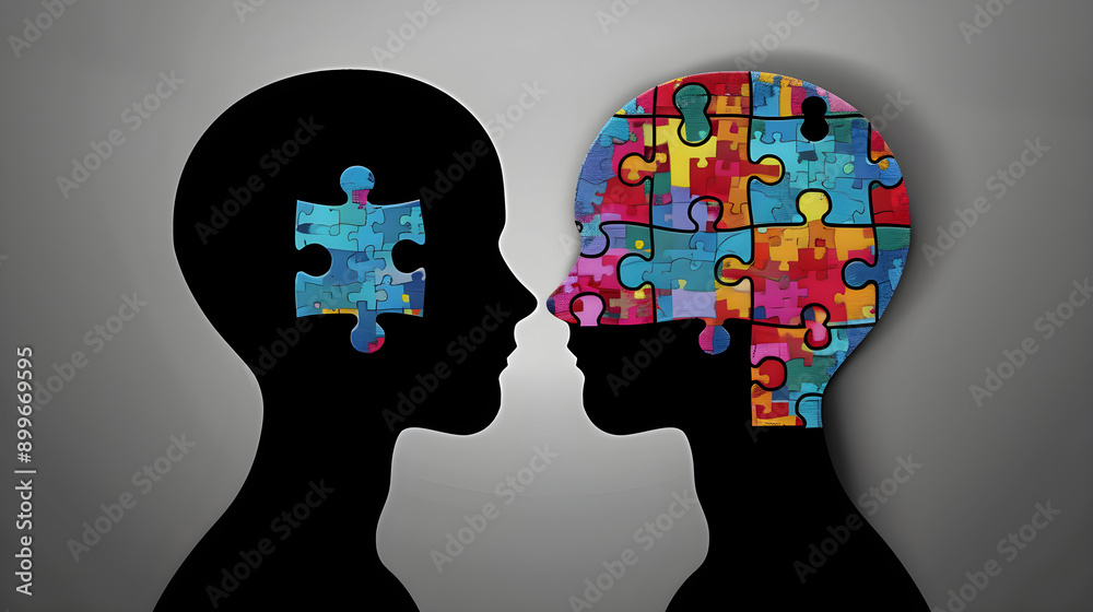 Complex Puzzle Pieces Shape of two human heads outlined against a plain ...