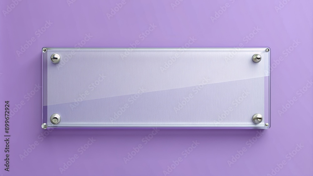 Glass rectangular name plate with modern font, mounted on a soft pale ...