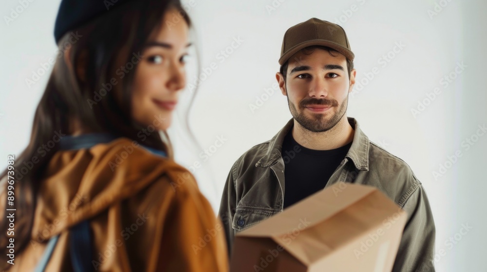 Young guy doing delivery at the door of a young Latina. Fast food ...