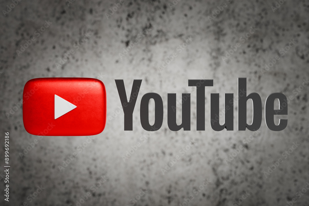 Red and white 3D YouTube icon on concrete background. Play button for ...