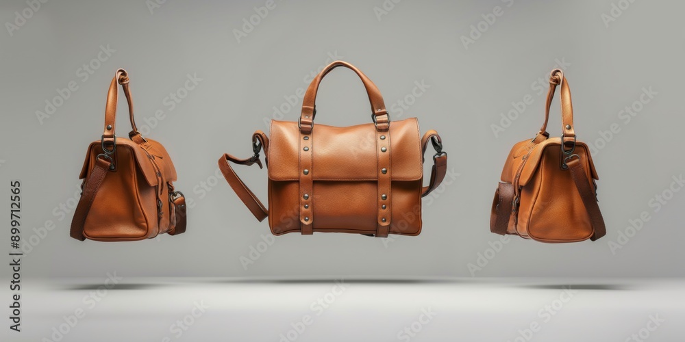 Three tan leather handbags are shown in the air, with the straps ...