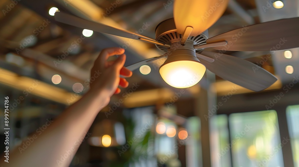 Hand reaching to turn on ceiling fan with light in cozy living room ...