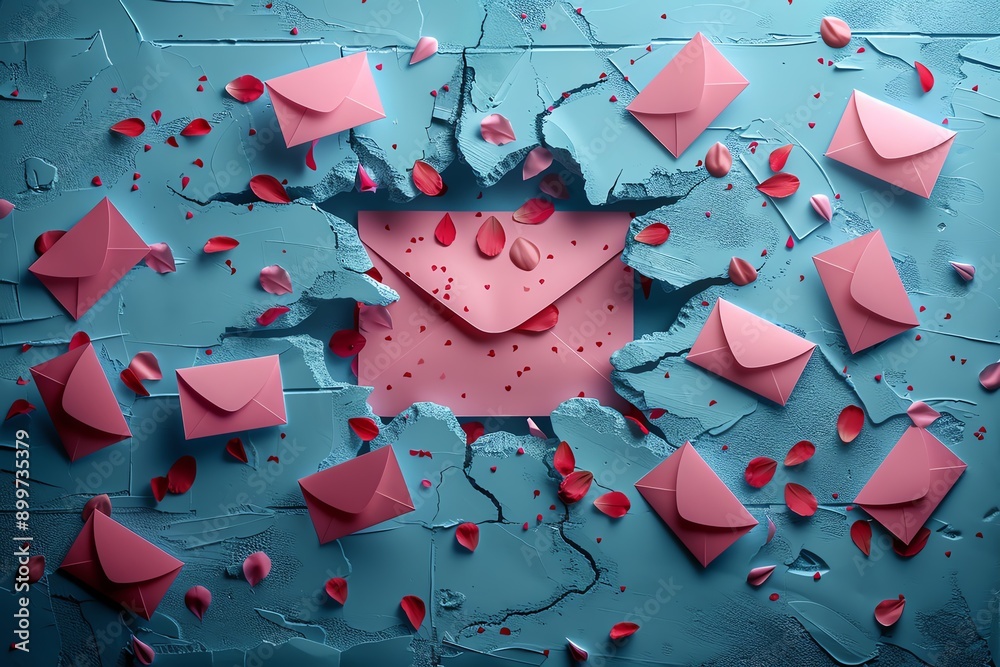Love letter breaking through a wall, with envelopes and petals ...