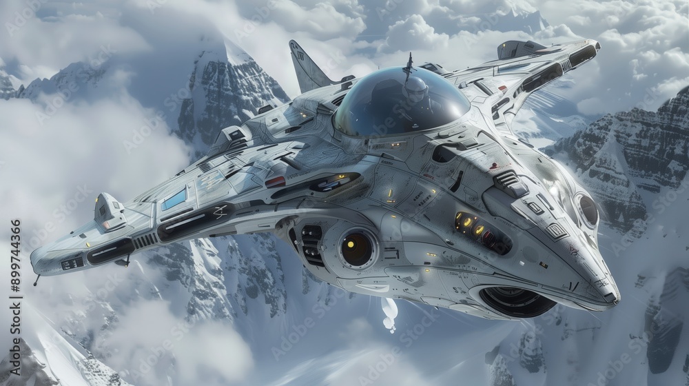 Imaginative depiction of a half-human creature flying a futuristic ...