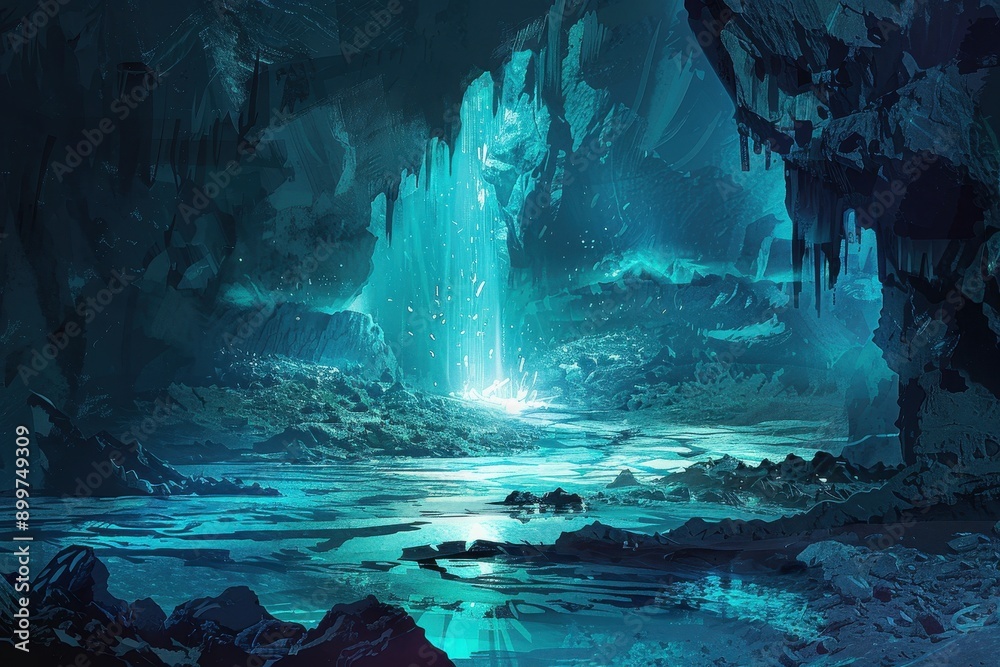 Bioluminescent cavern with floating rocks and a glowing blue waterfall ...