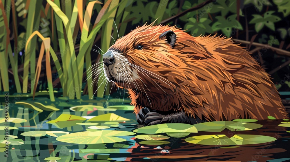 Curious Beaver in Wetland Habitat Flat Art Style Illustration of a ...