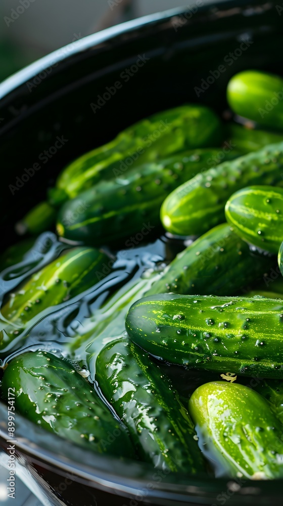 Pickled Perfection: Fresh, vibrant green cucumbers submerged in a brine ...