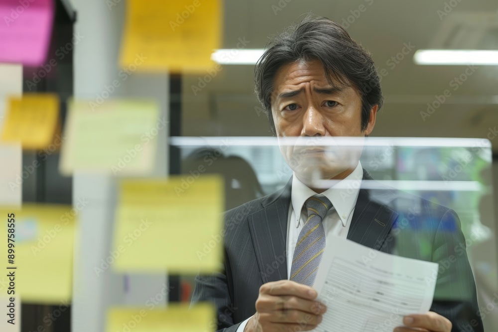 A Japanese man in an office, frustratedly holding a document ...