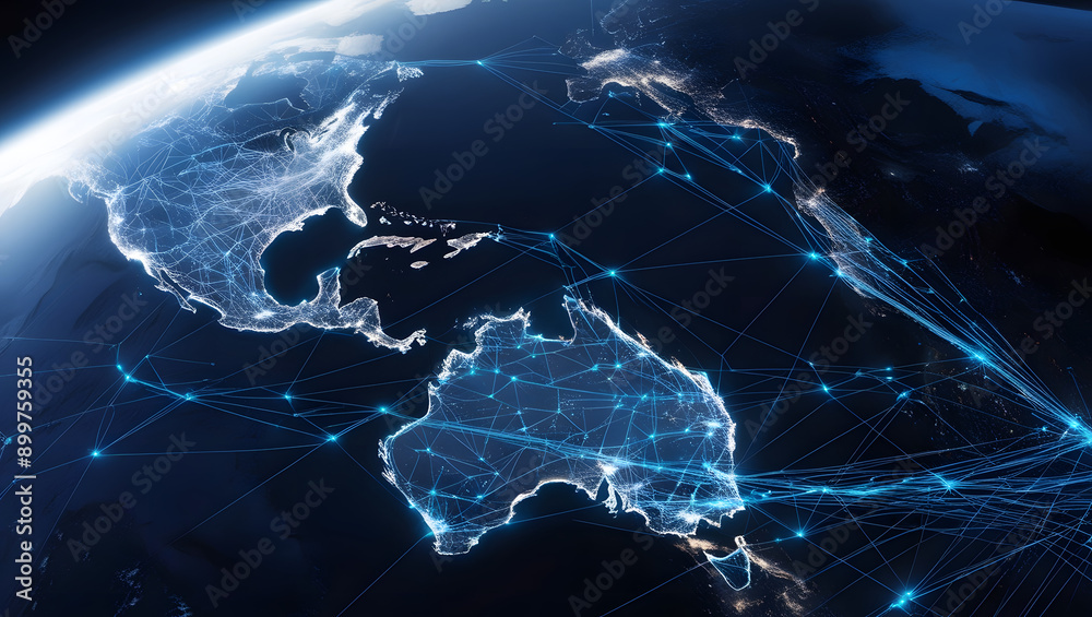 Digital world map planet Earth space global globe sky space 5G wireless ...