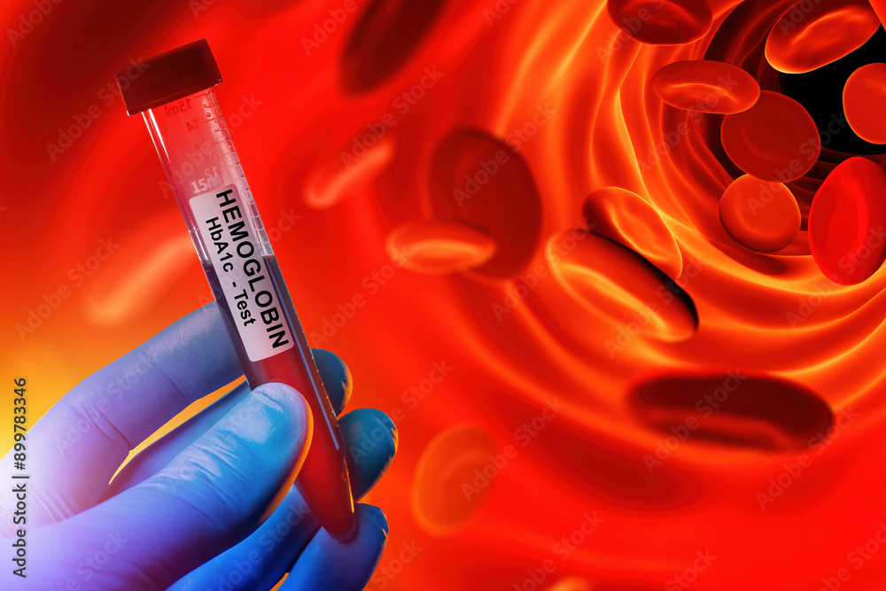 Photo Stock Plastic flask with blood. Hemoglobin level test. Hba1c ...