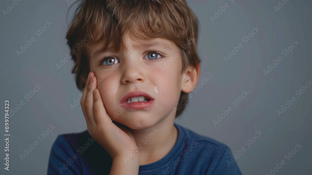 little boy presses hand to cheek, suffers from pain in tooth isolated ...