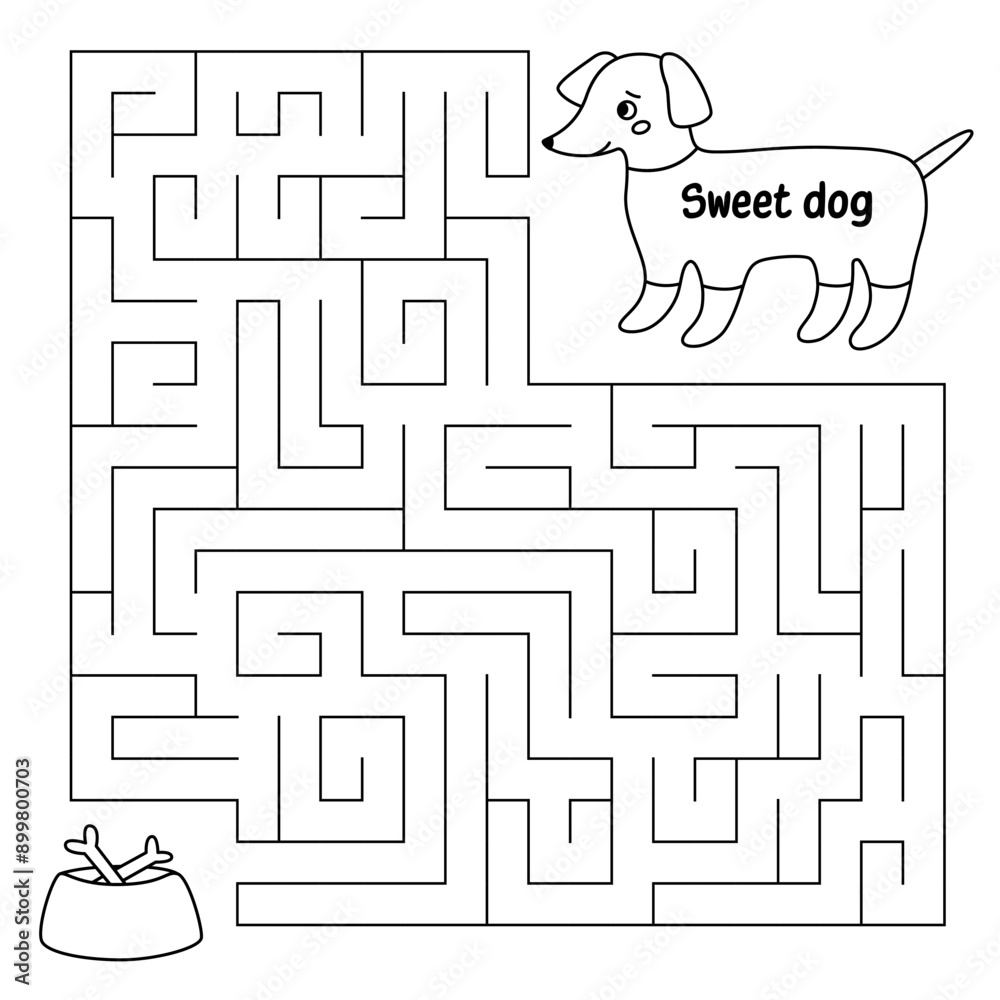 Animal line maze game for kids. Cute dog looking for a way to the bowl ...
