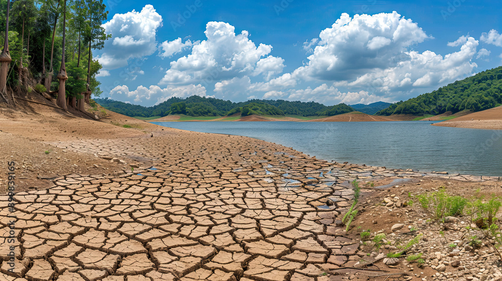 Dried lake and river in hot no-rain summer season parched and cracked ...