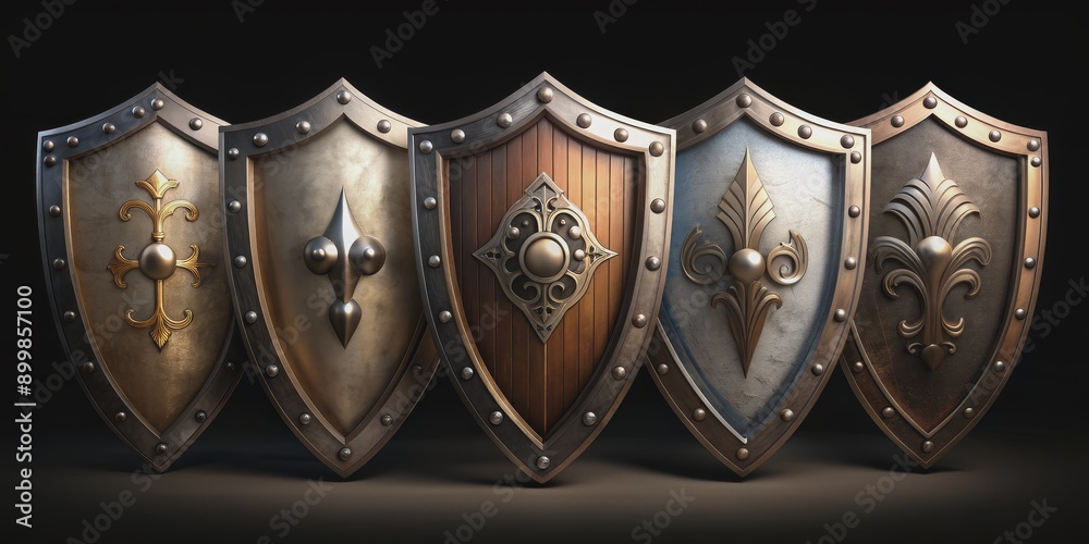 Five Ornate Medieval Shields, 3D Render, Metal and Wood, Decorative ...
