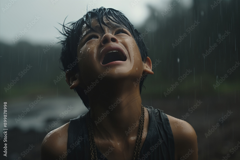 desperate skinny Asian boy crying in rain feeling lonely and scared ...