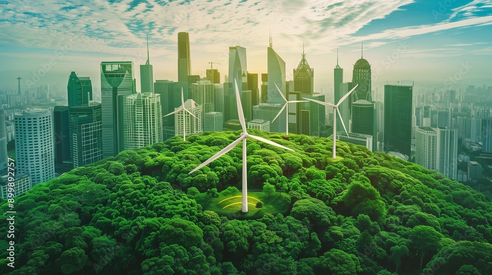 Create a photo-realistic depiction of a green business strategy, emphasizing sustainable ...