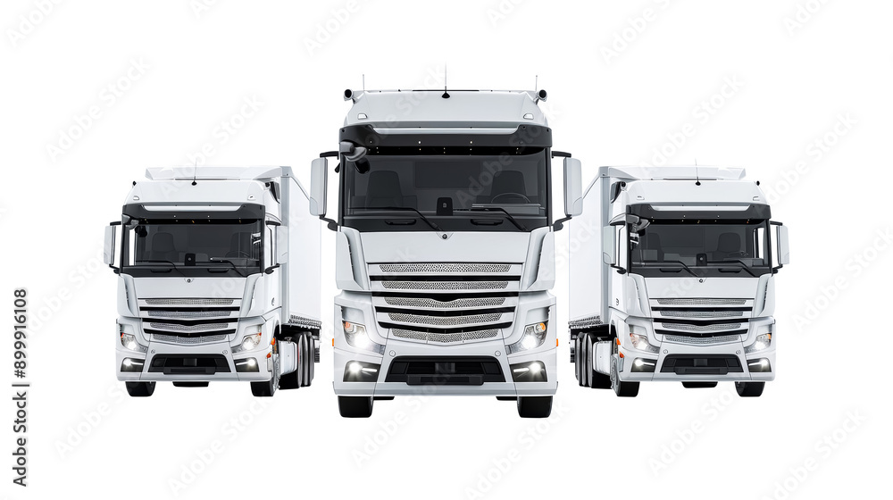 Fleet of three white heavy trucks isolated on transparent background ...