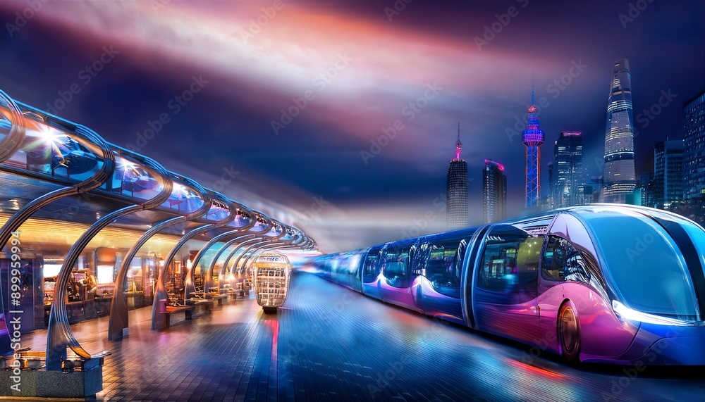 A high-tech transportation hub with autonomous buses, advanced AI ...
