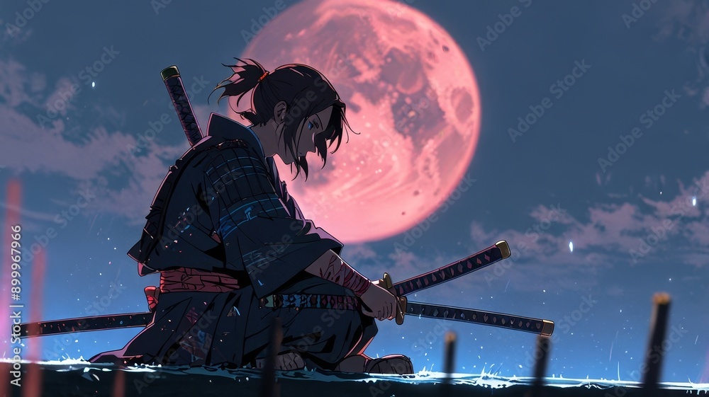 Silhouette of a samurai warrior meditating by the water under the ...