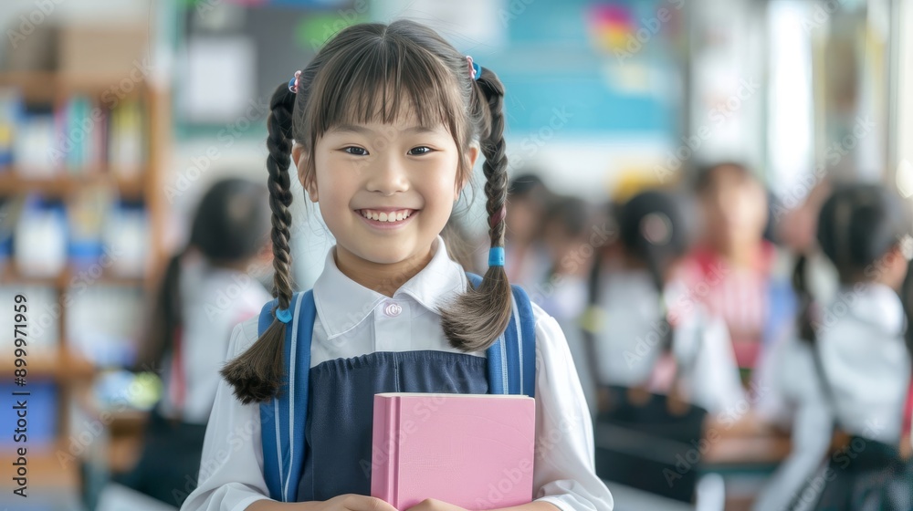 A cute little asian girl in her school uniform and ready for another ...