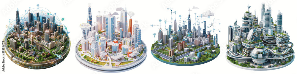 set of A smart city with integrated IoT devices and real-time data ...