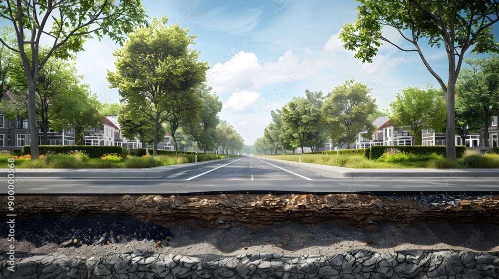 Cross section of Roadway Infrastructure Displaying Asphalt Layers and ...