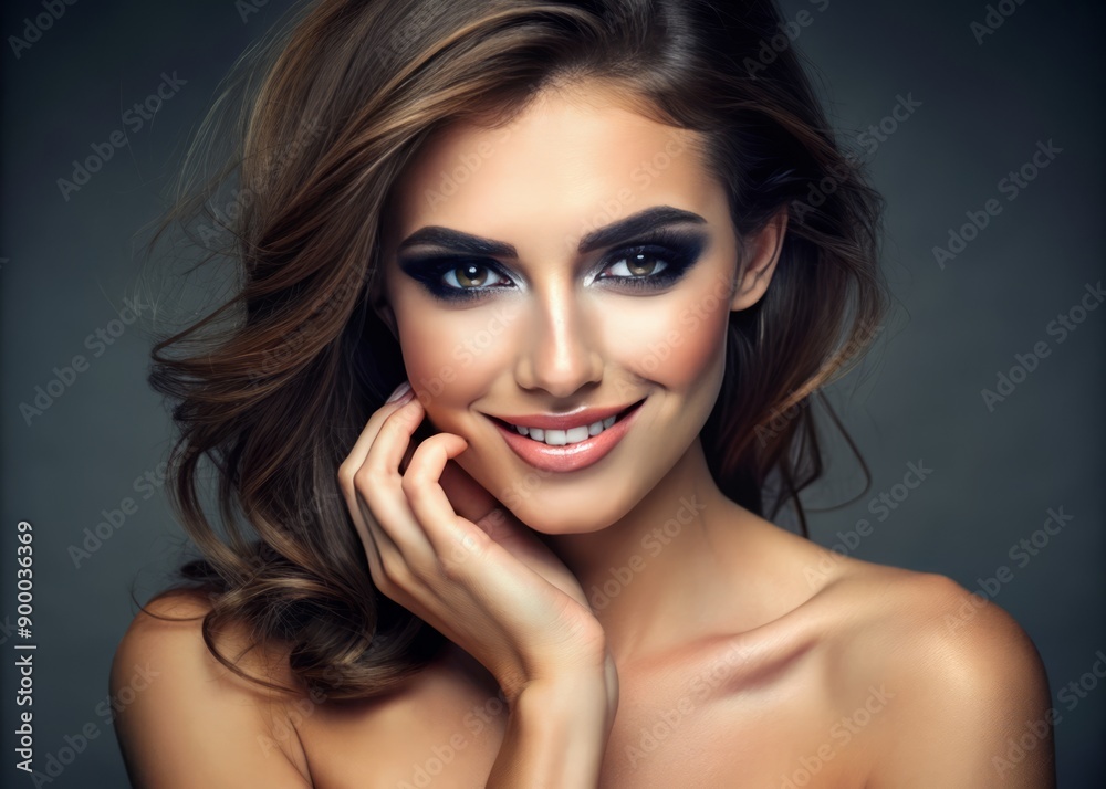Sultry bare-shouldered female model with a smoky eye look and bright ...