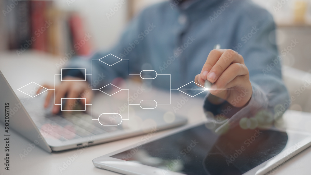 Business process flowchart, implement and improve on virtual screen Stock Illustration | Adobe Stock