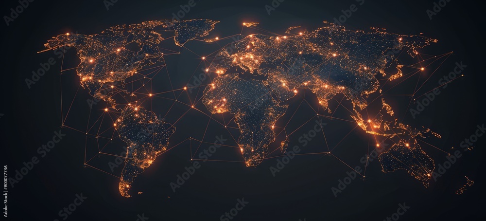 Digital map of the world with glowing connections between cities ...