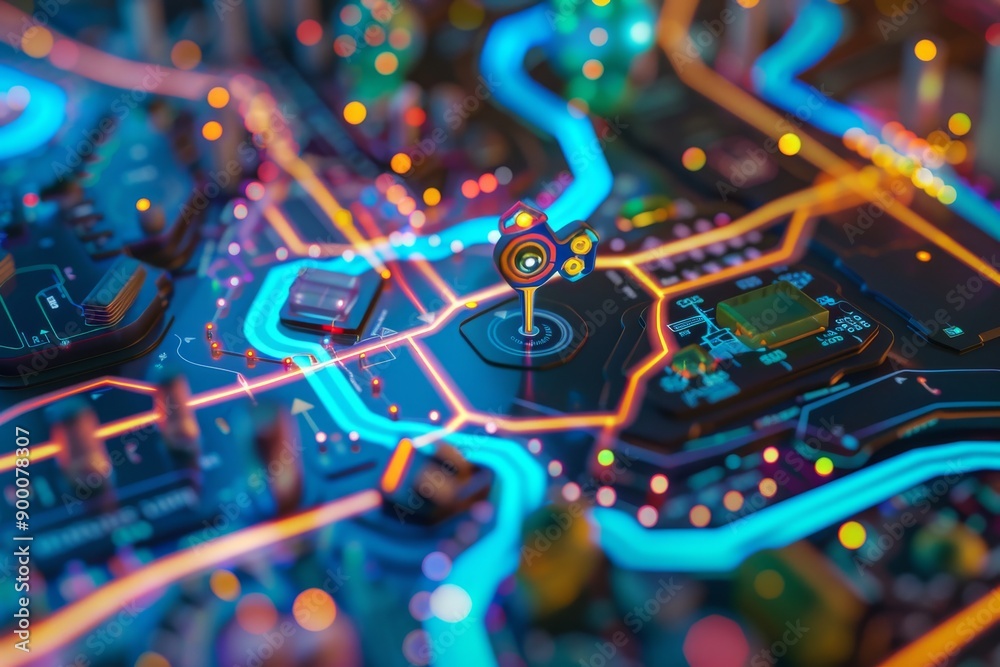 a vibrant, detailed map interface with AI-generated routes and ...