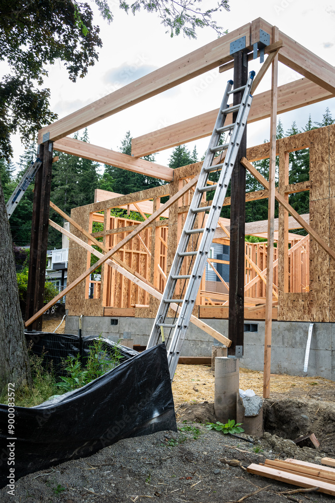 New house construction in residential neighborhood, job site detail of ...