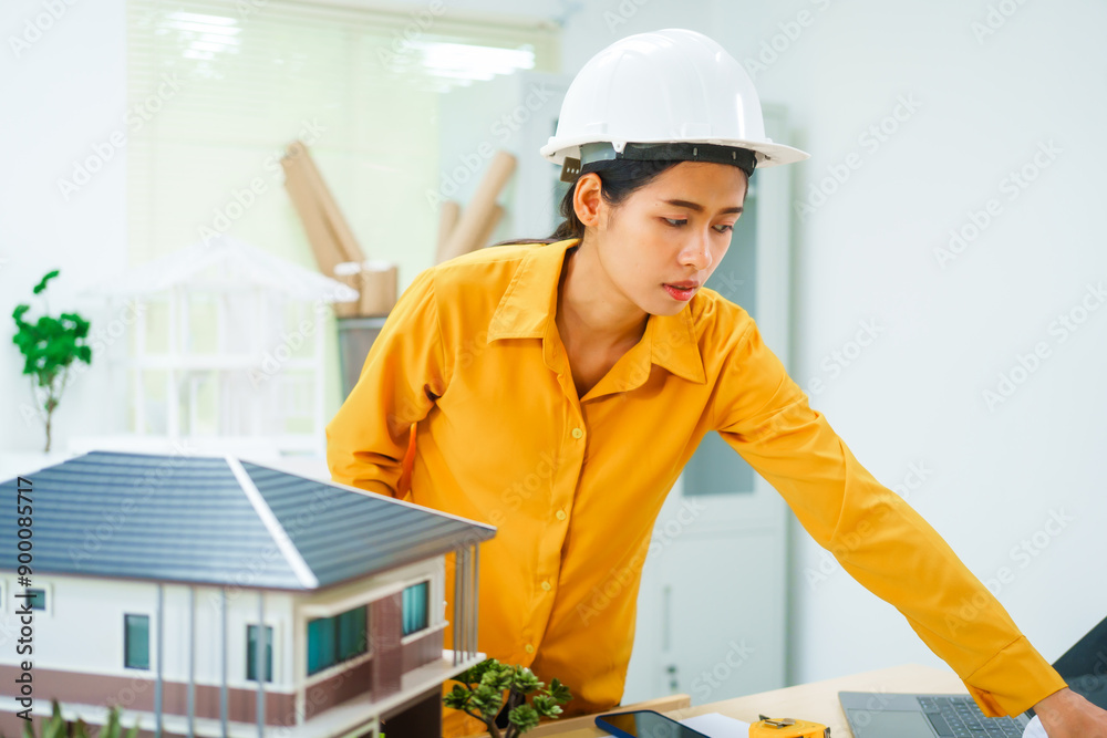 An Asian female architect analyzes blueprints at her desk in the office ...