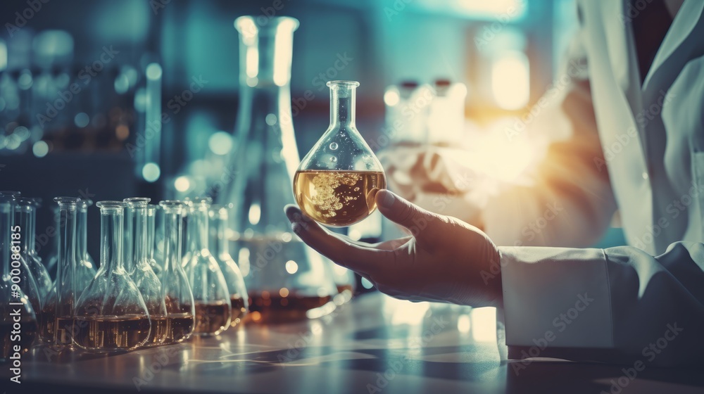 Flask in scientist's hand with laboratory equipment and science ...
