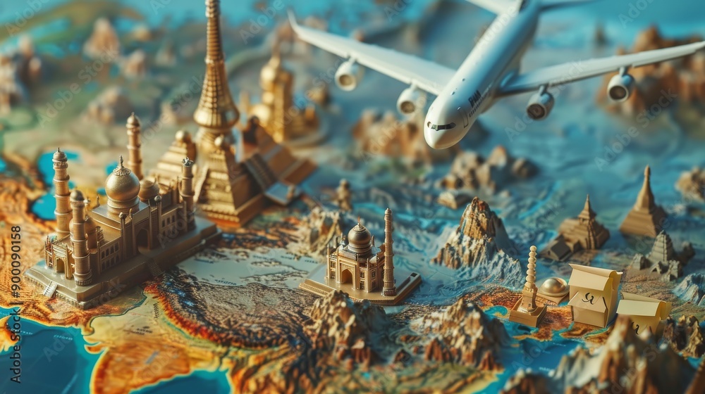 there are miniatures of landmarks on the map of Asia without specifying ...