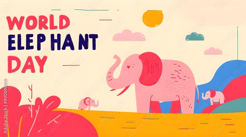 Elephant family silhouette in tropical jungle with the text world ...