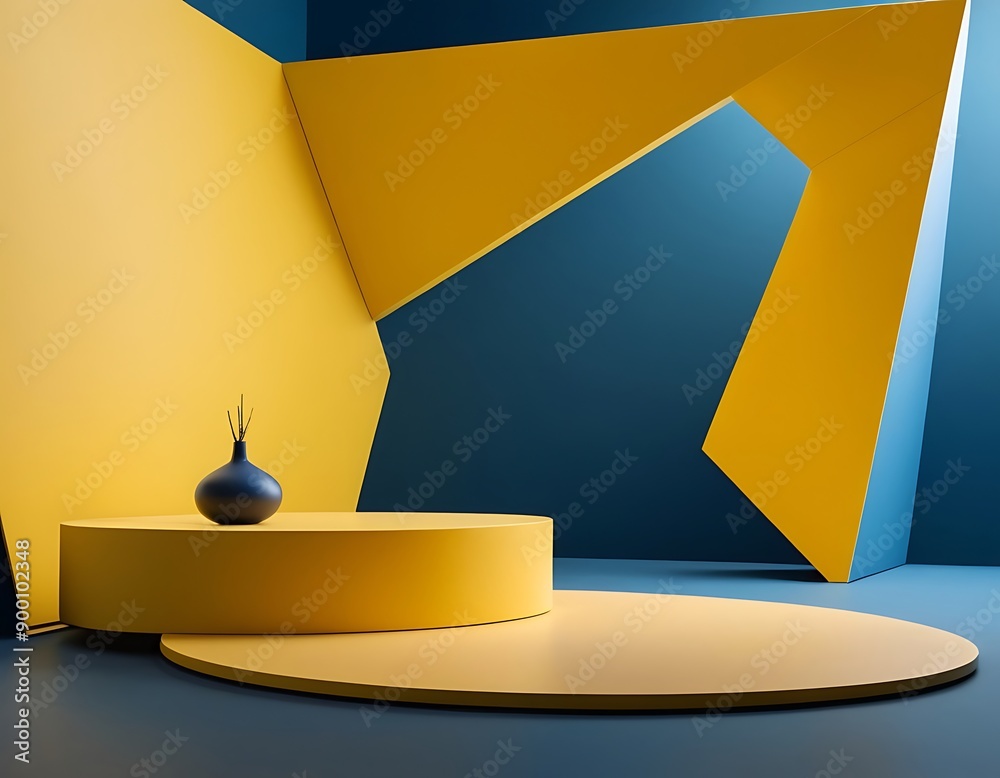 blue Studio background with realistic yello podium spotlight product ...